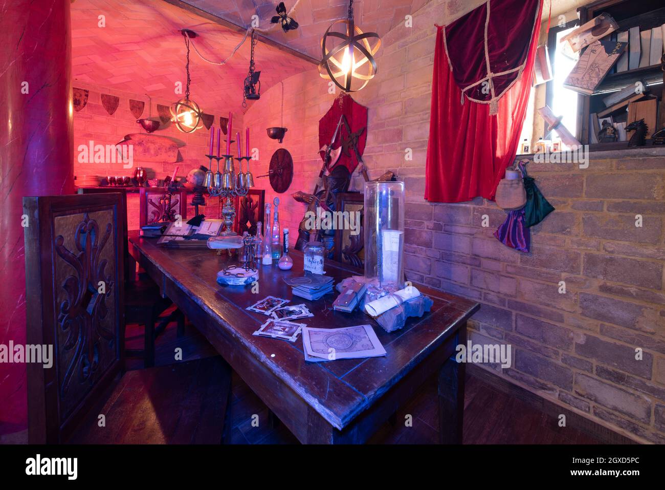 Interior of a medieval dining room with gothic decorations. The house ...