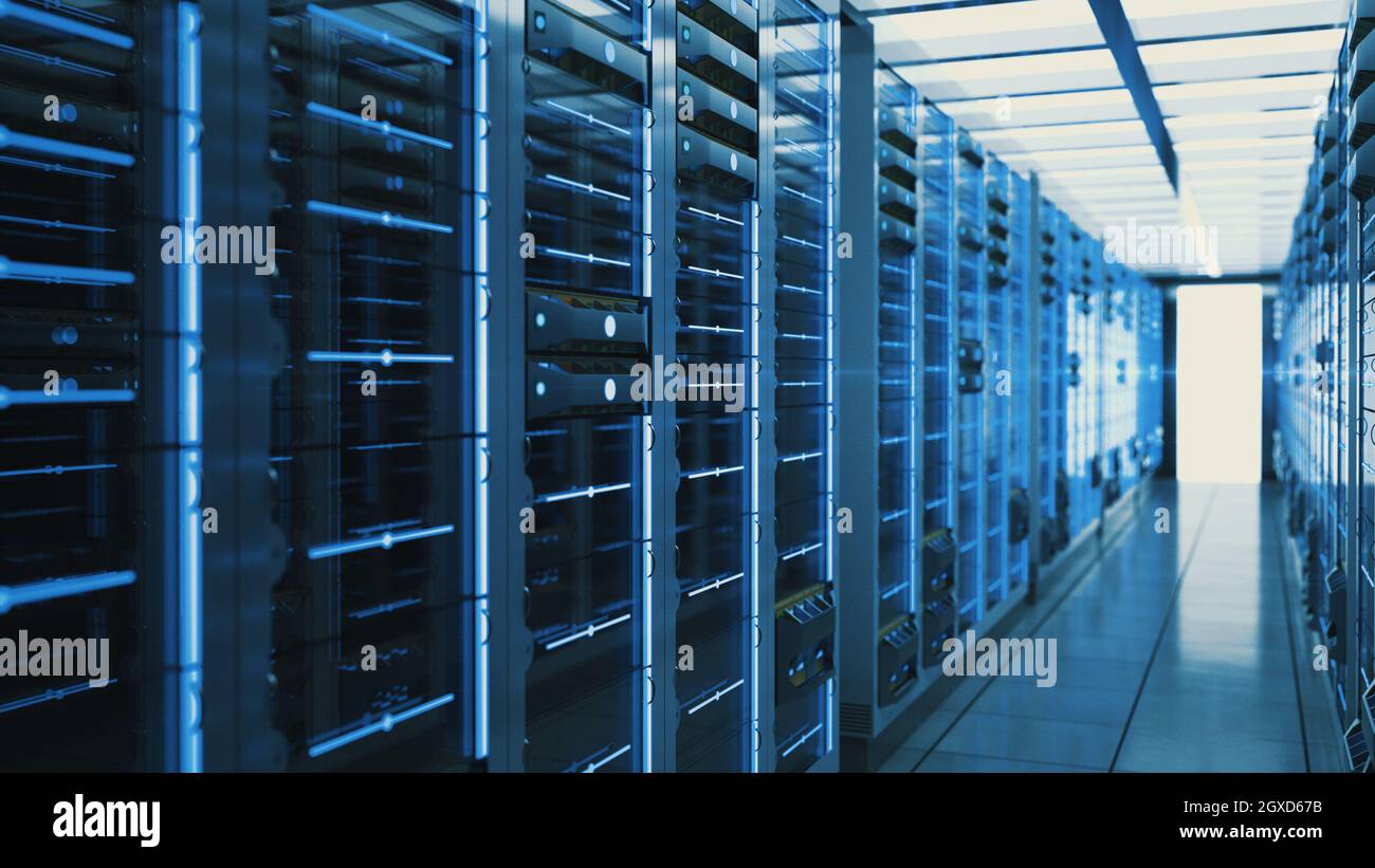 Server racks in computer network security server room data center. 3D ...