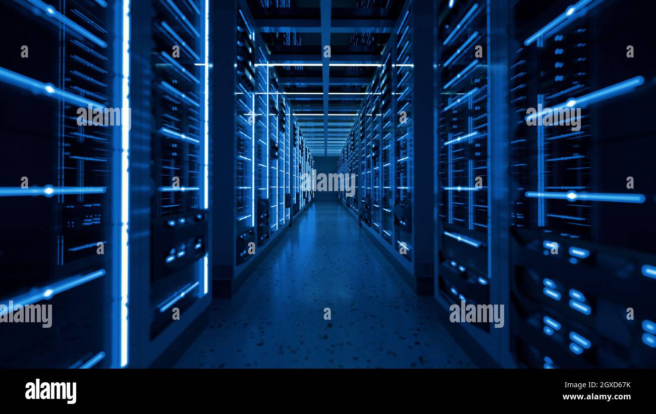 Server racks in computer network security server room data center. 3D ...