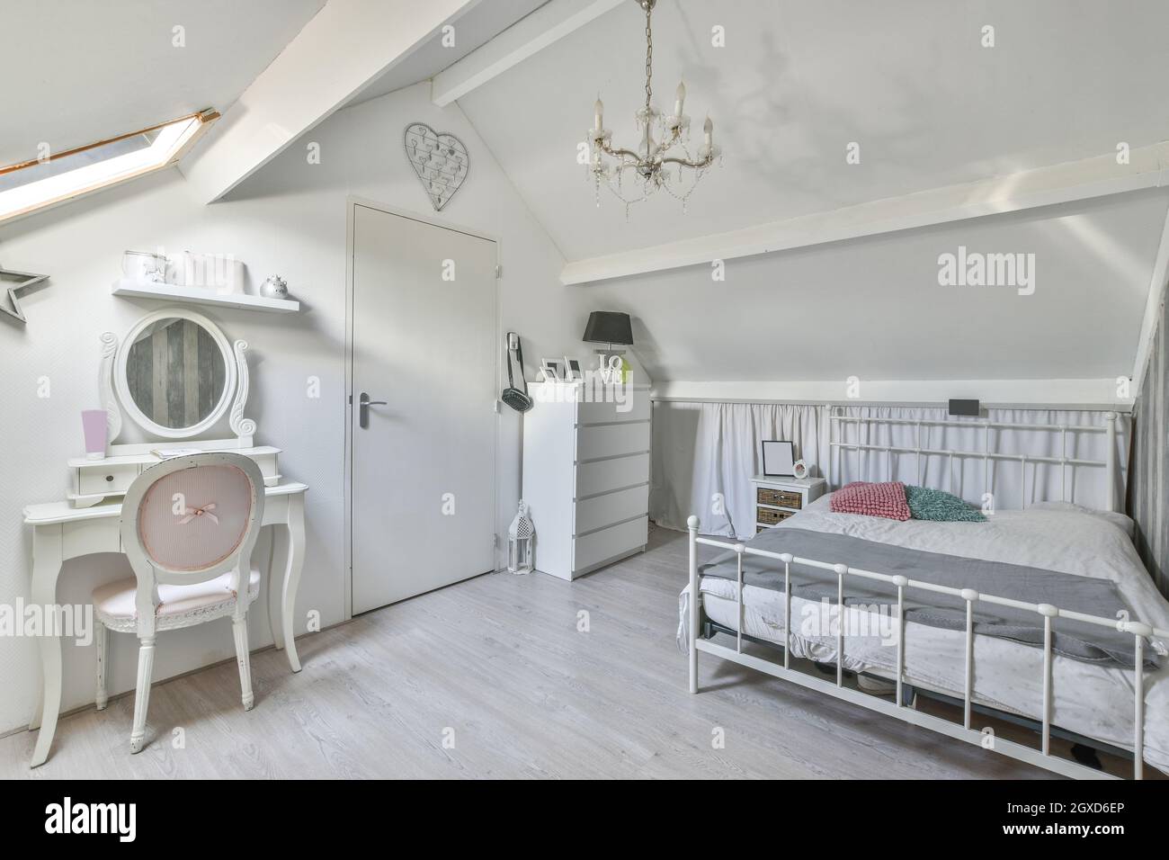White interior of modern bedroom with comfortable bed and wooden ...