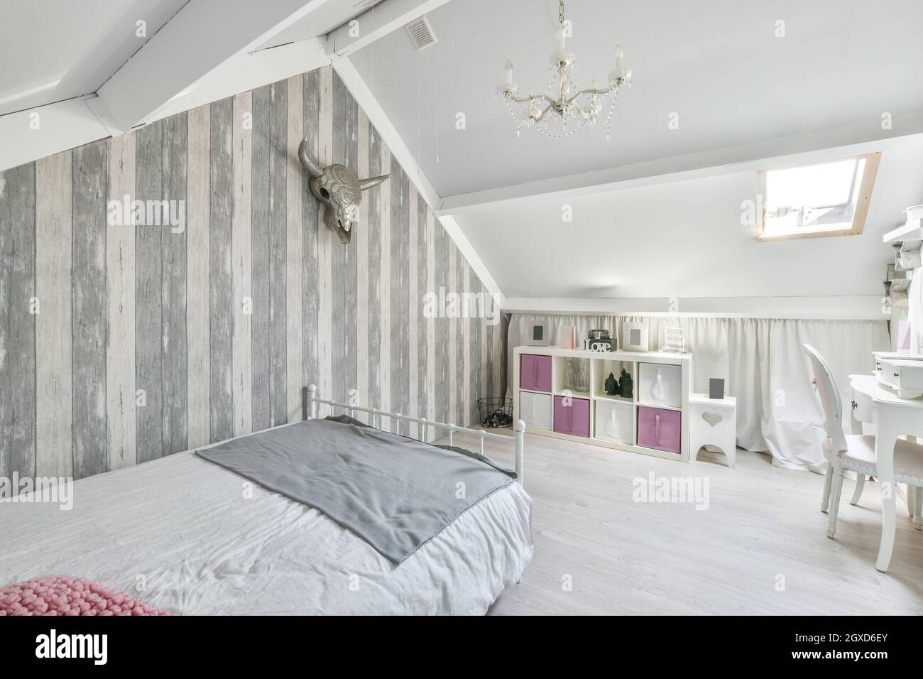White interior of modern bedroom with comfortable bed and wooden ...