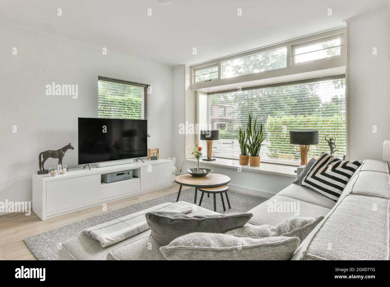 Large comfortable sofa placed opposite TV in spacious living room with ...