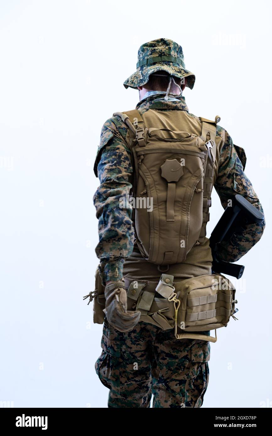 modern warfare soldier going in battle rear view concept of future and ...