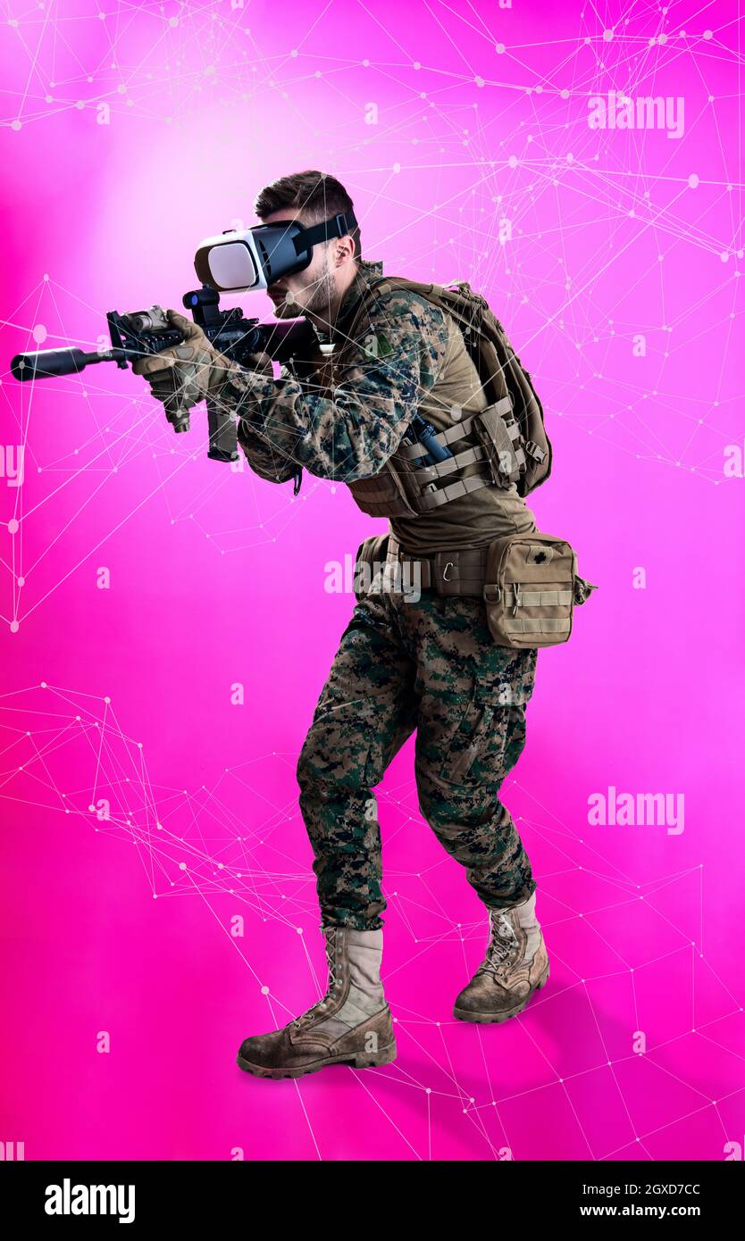 modern warfare futuristic soldier using vr virtual reality glasses with ...