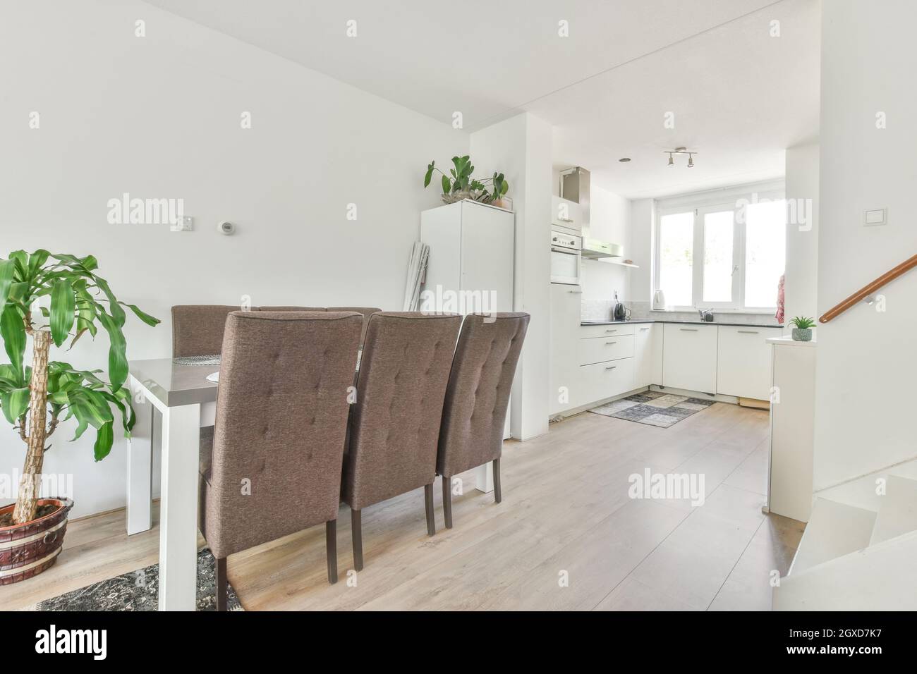 Empty dining table and chairs placed in light room with white furniture ...