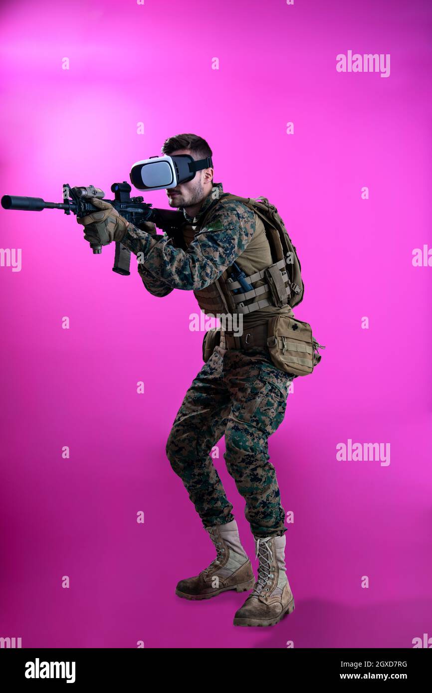 modern warfare futuristic soldier in battle using vr virtual reality ...