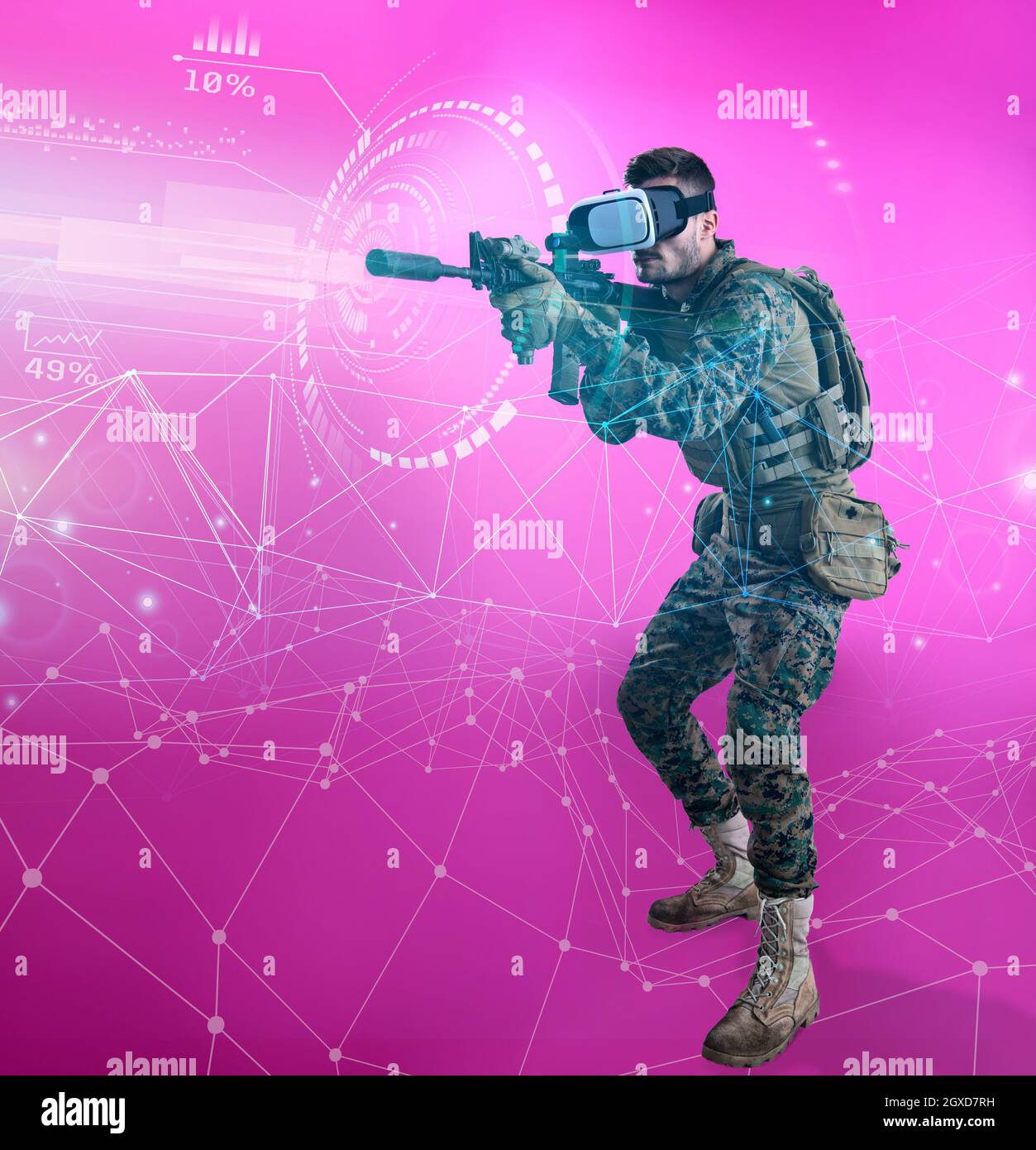 modern warfare futuristic soldier using vr virtual reality glasses with ...