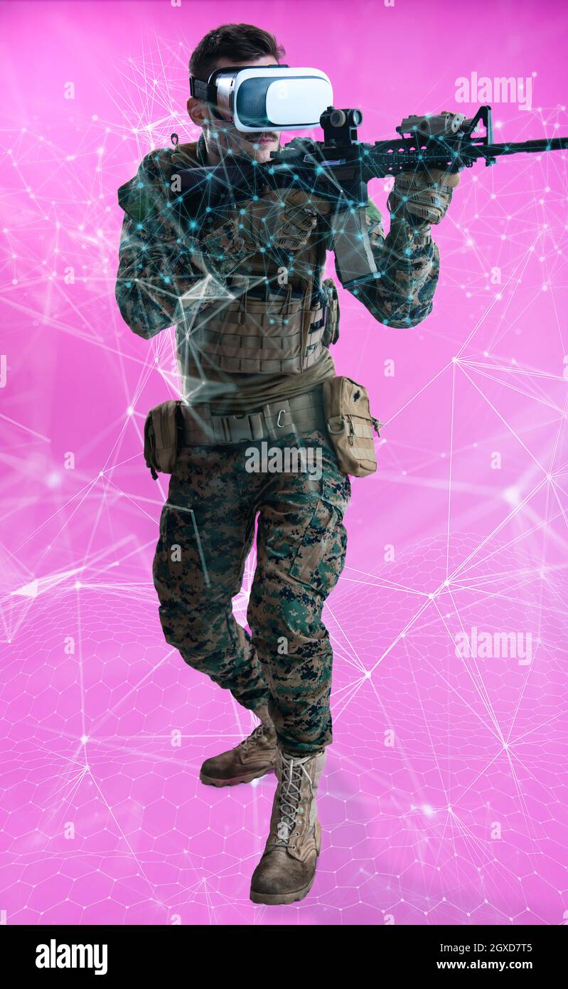 modern warfare futuristic soldier using vr virtual reality glasses with ...
