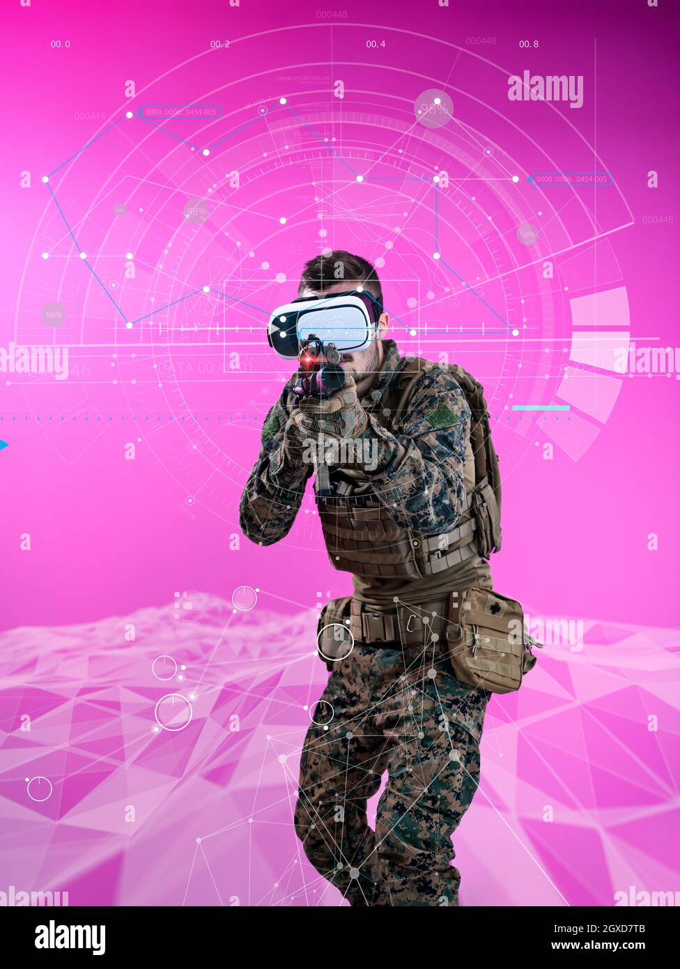 modern warfare futuristic soldier using vr virtual reality glasses with ...