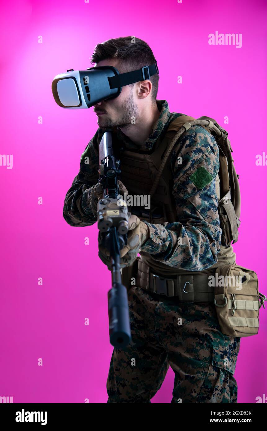 modern warfare futuristic soldier in battle using vr virtual reality ...