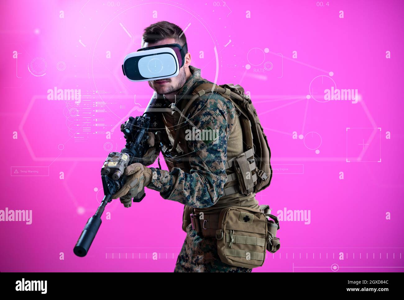 modern warfare futuristic soldier using vr virtual reality glasses with ...