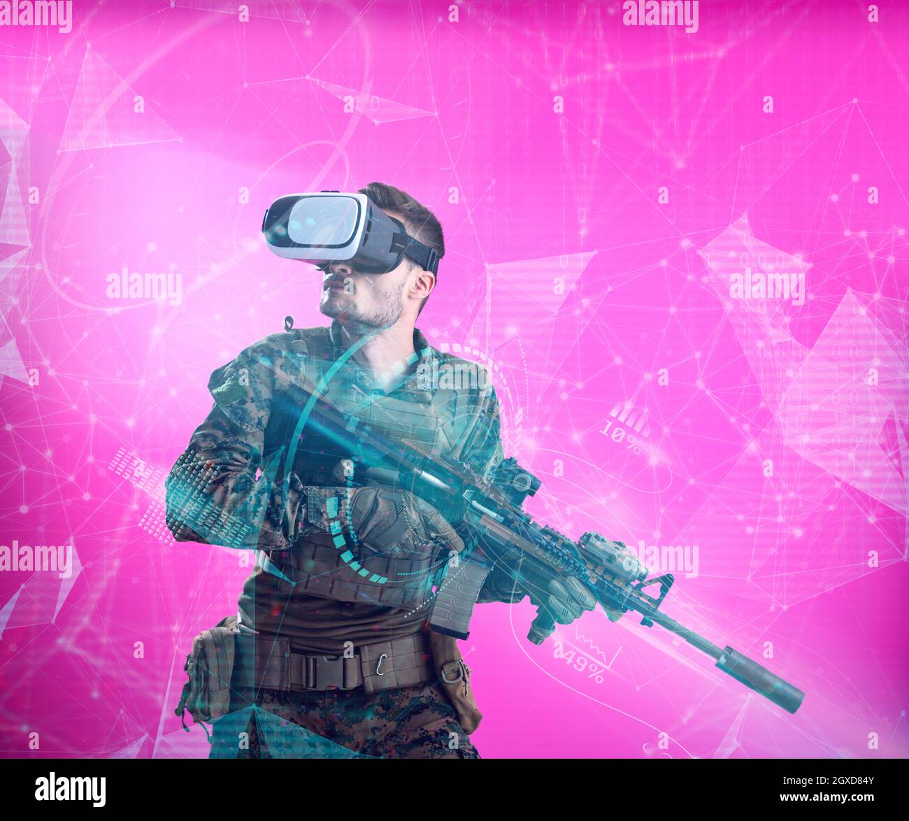 modern warfare futuristic soldier using vr virtual reality glasses with ...