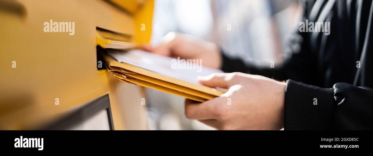 Letter In Envelope Or Document In Mailbox. Man Hand Sending Mail Stock ...