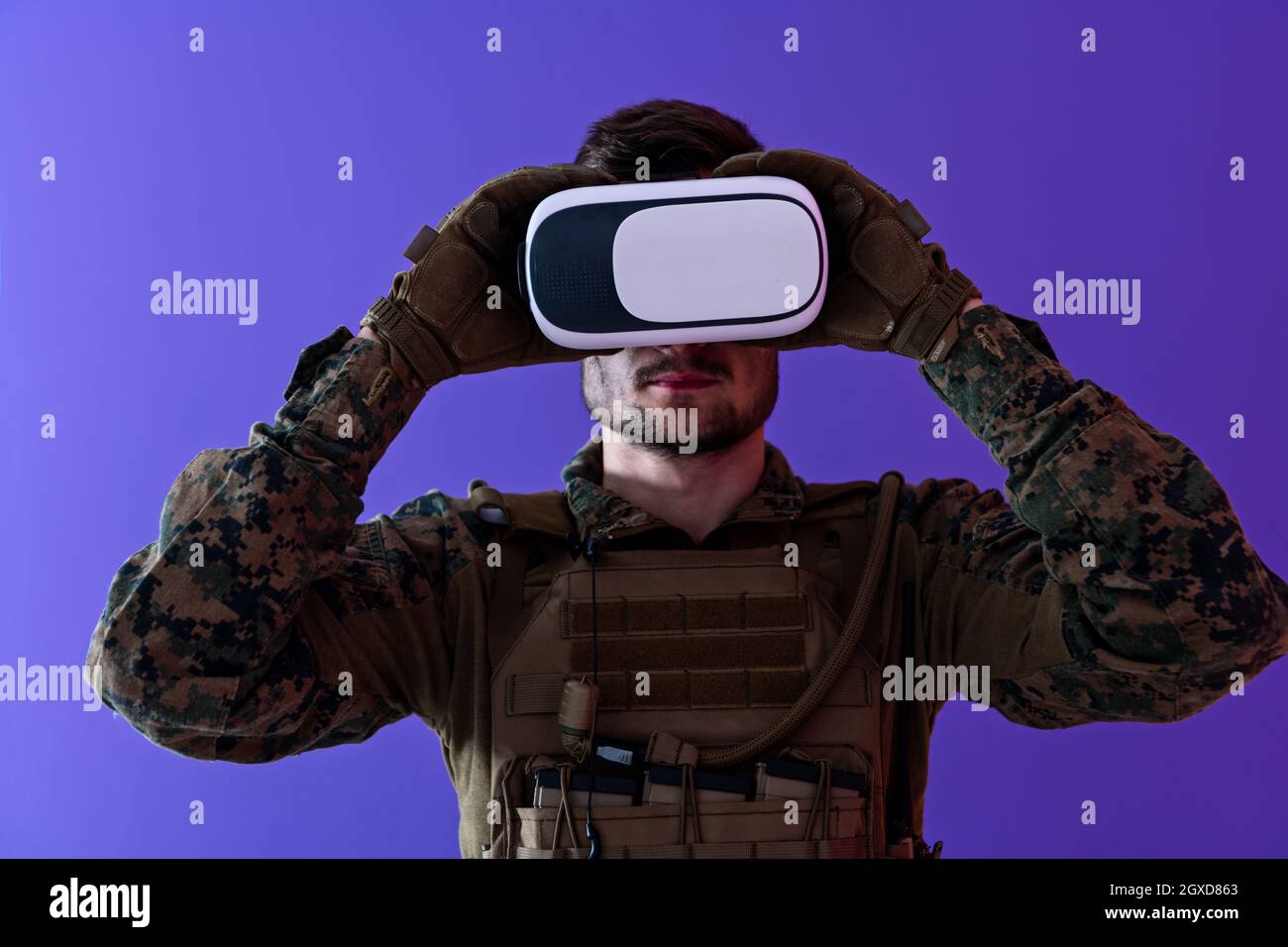 modern warfare futuristic soldier using vr virtual reality glasses on ...
