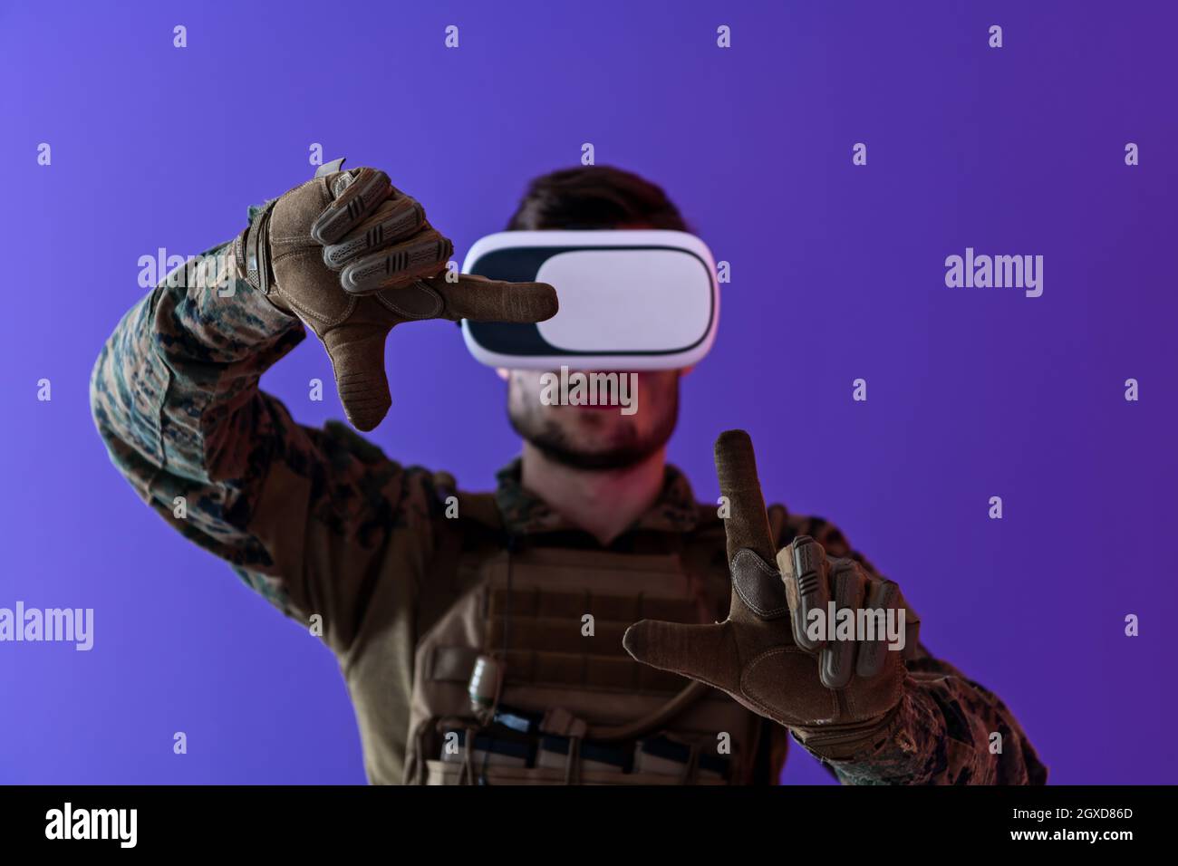modern warfare futuristic soldier using vr virtual reality glasses on ...