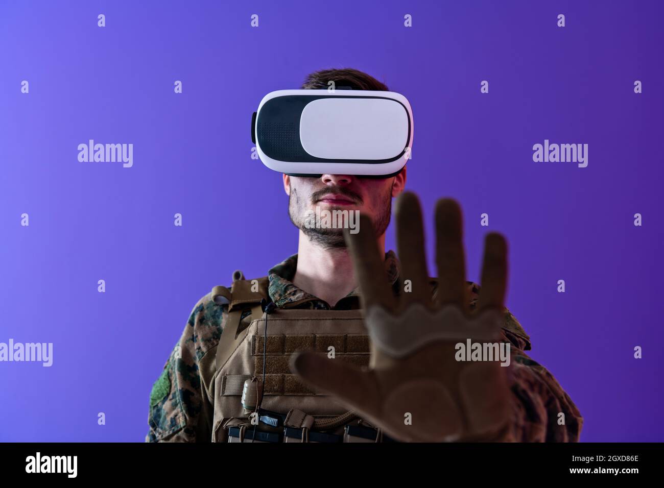 modern warfare futuristic soldier using vr virtual reality glasses on ...