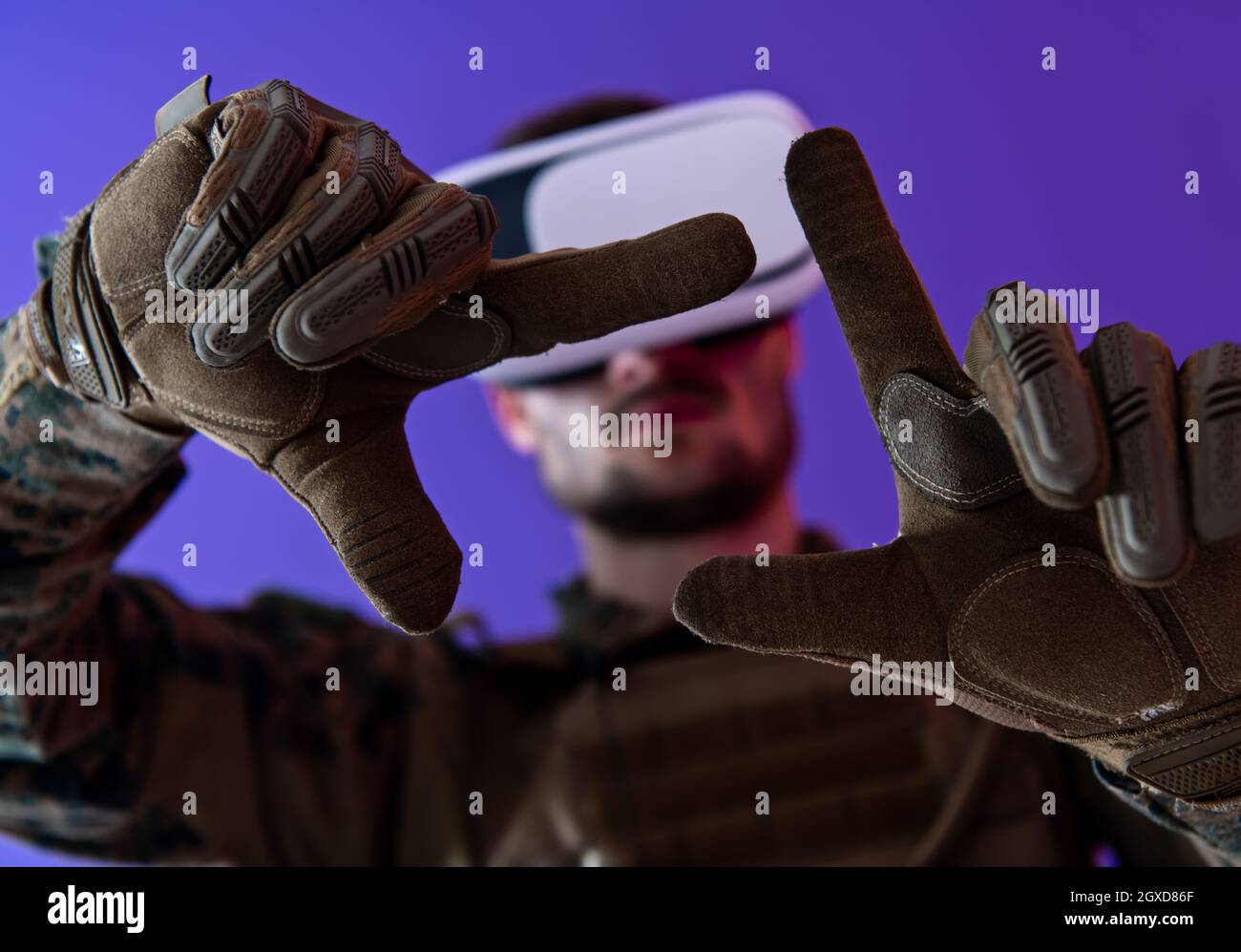 modern warfare futuristic soldier using vr virtual reality glasses on ...