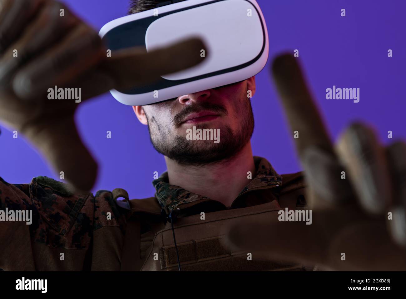 modern warfare futuristic soldier using vr virtual reality glasses on ...