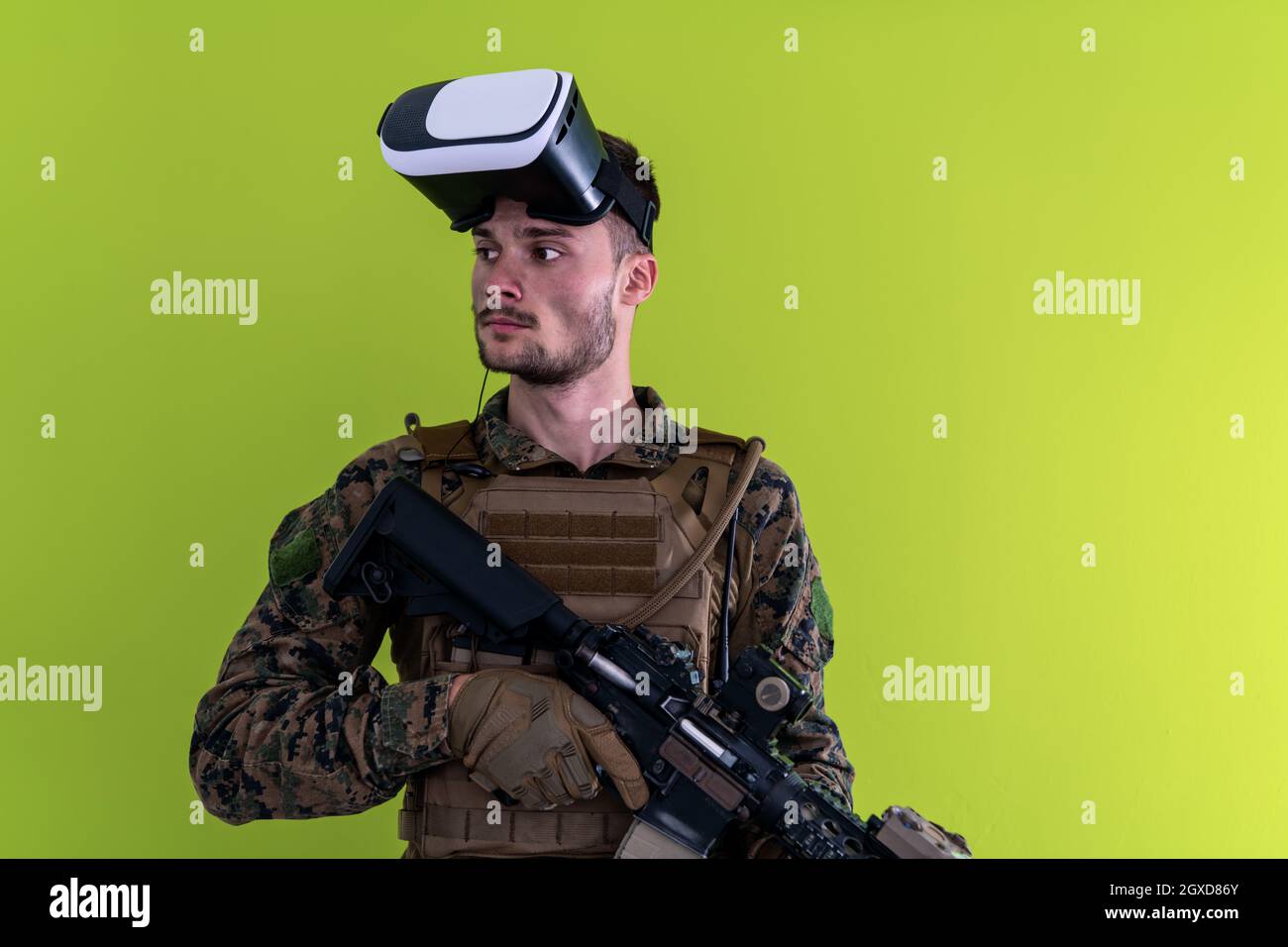 modern warfare futuristic soldier using vr virtual reality glasses for ...