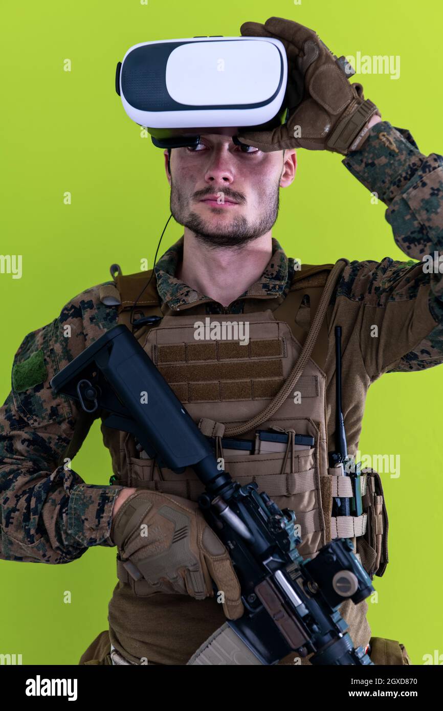 modern warfare futuristic soldier using vr virtual reality glasses for ...