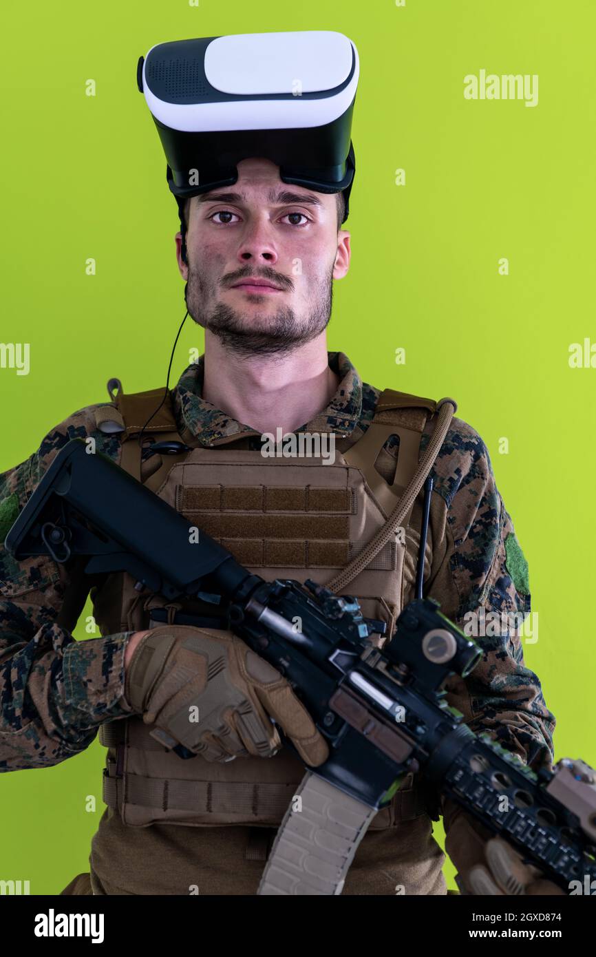 modern warfare futuristic soldier using vr virtual reality glasses for ...