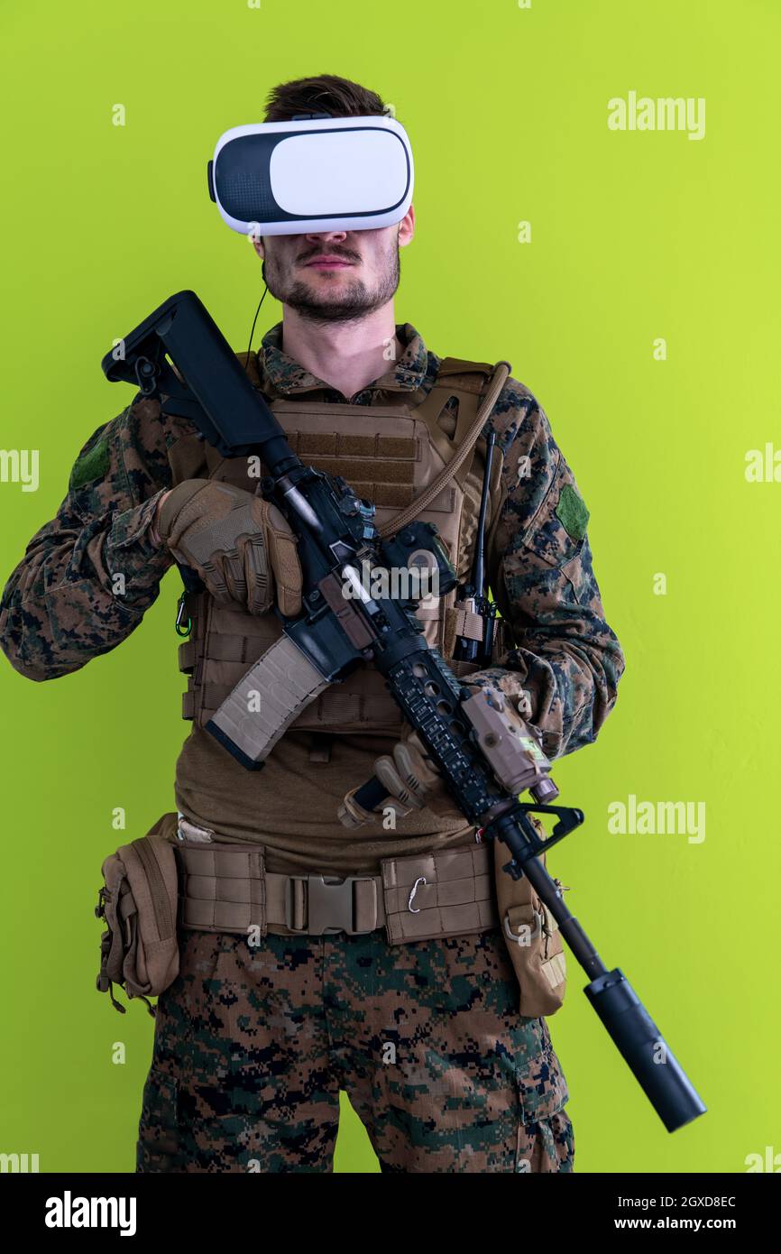 modern warfare futuristic soldier using vr virtual reality glasses for ...