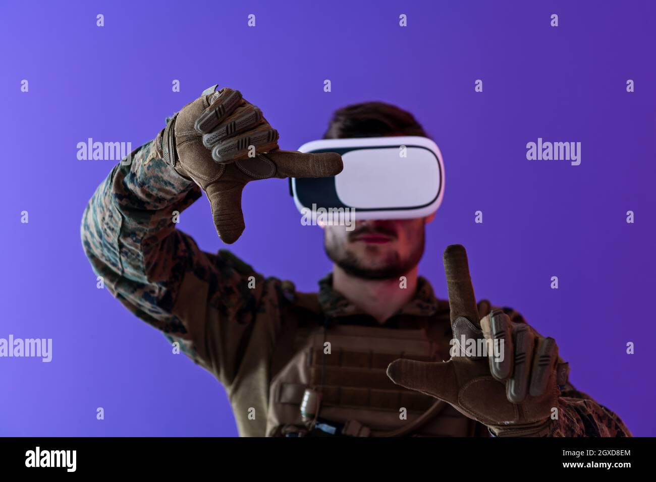 modern warfare futuristic soldier using vr virtual reality glasses on ...