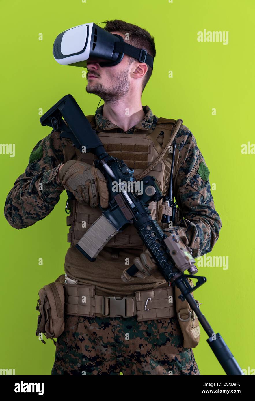 modern warfare futuristic soldier using vr virtual reality glasses for ...