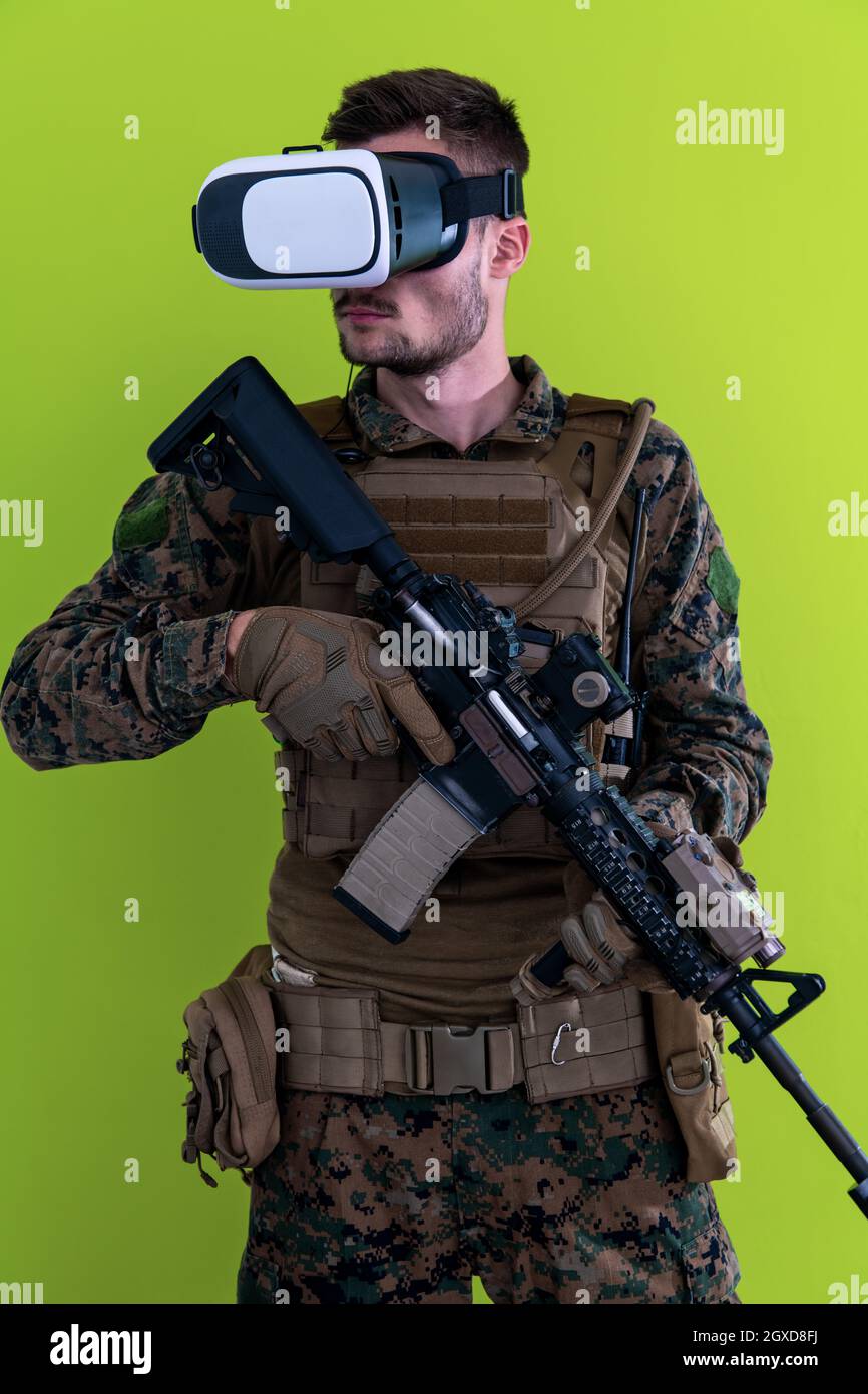 modern warfare futuristic soldier using vr virtual reality glasses for ...