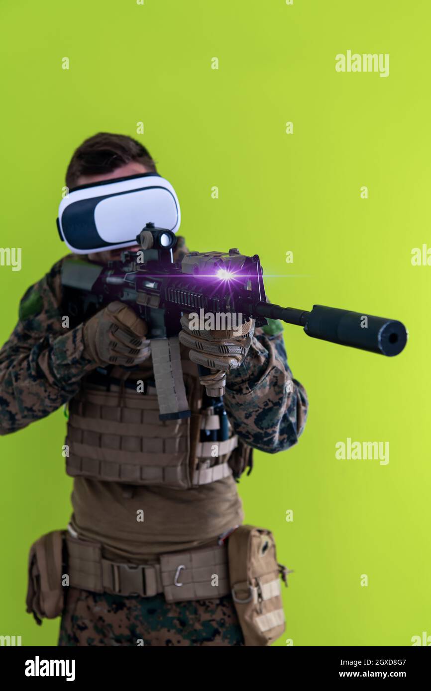 modern warfare futuristic soldier using vr virtual reality glasses for ...
