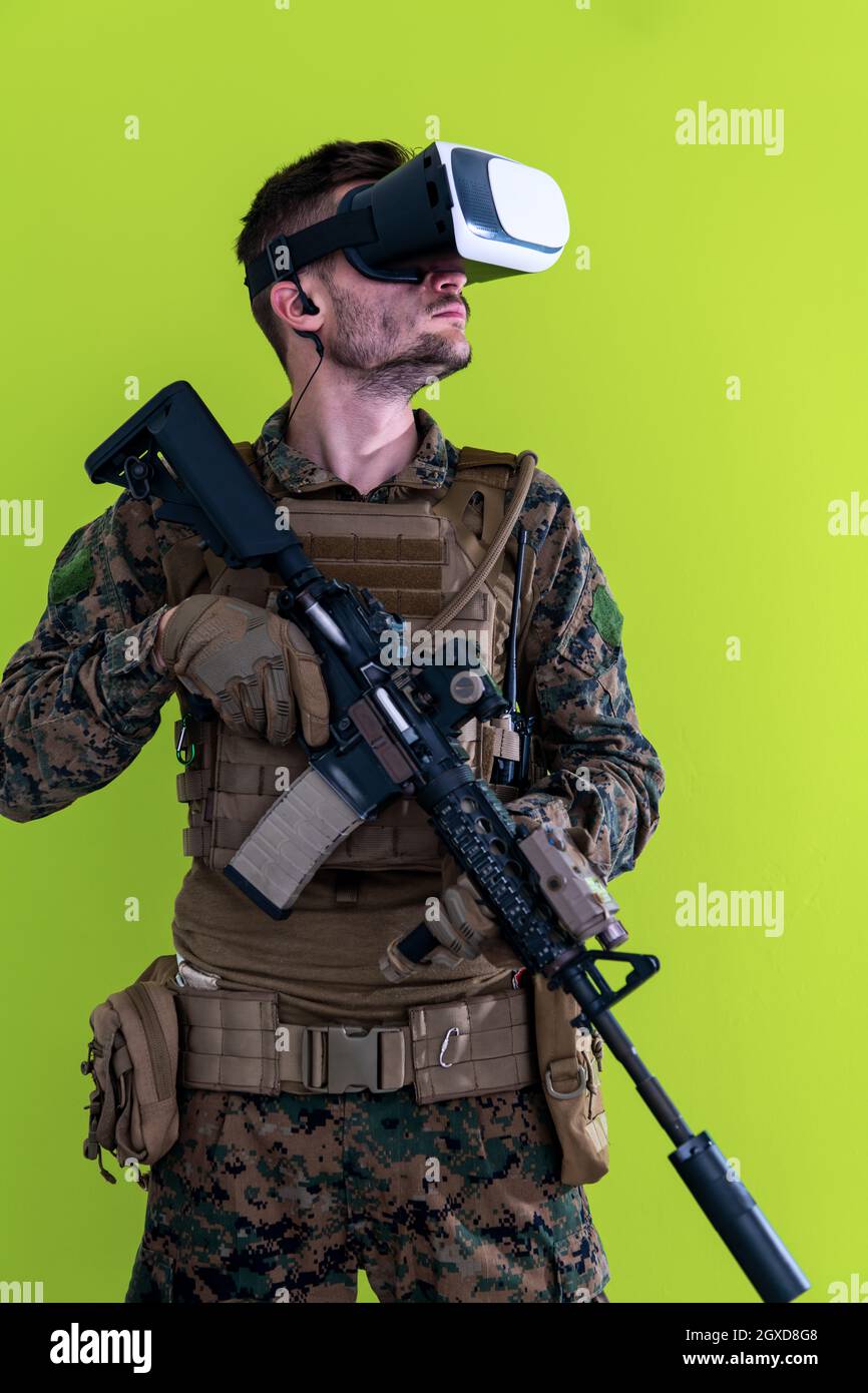 modern warfare futuristic soldier using vr virtual reality glasses for ...