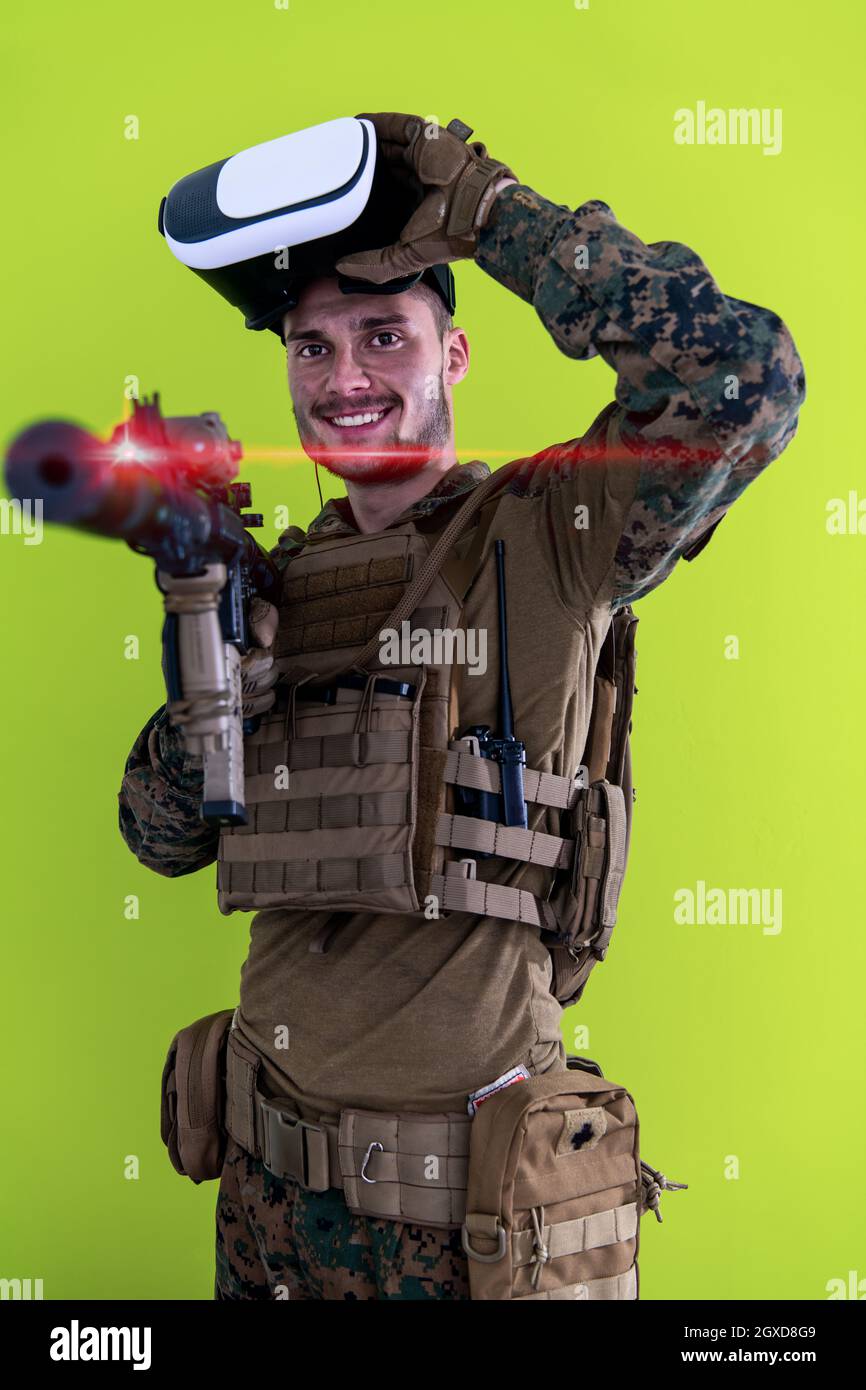 modern warfare futuristic soldier using vr virtual reality glasses for ...
