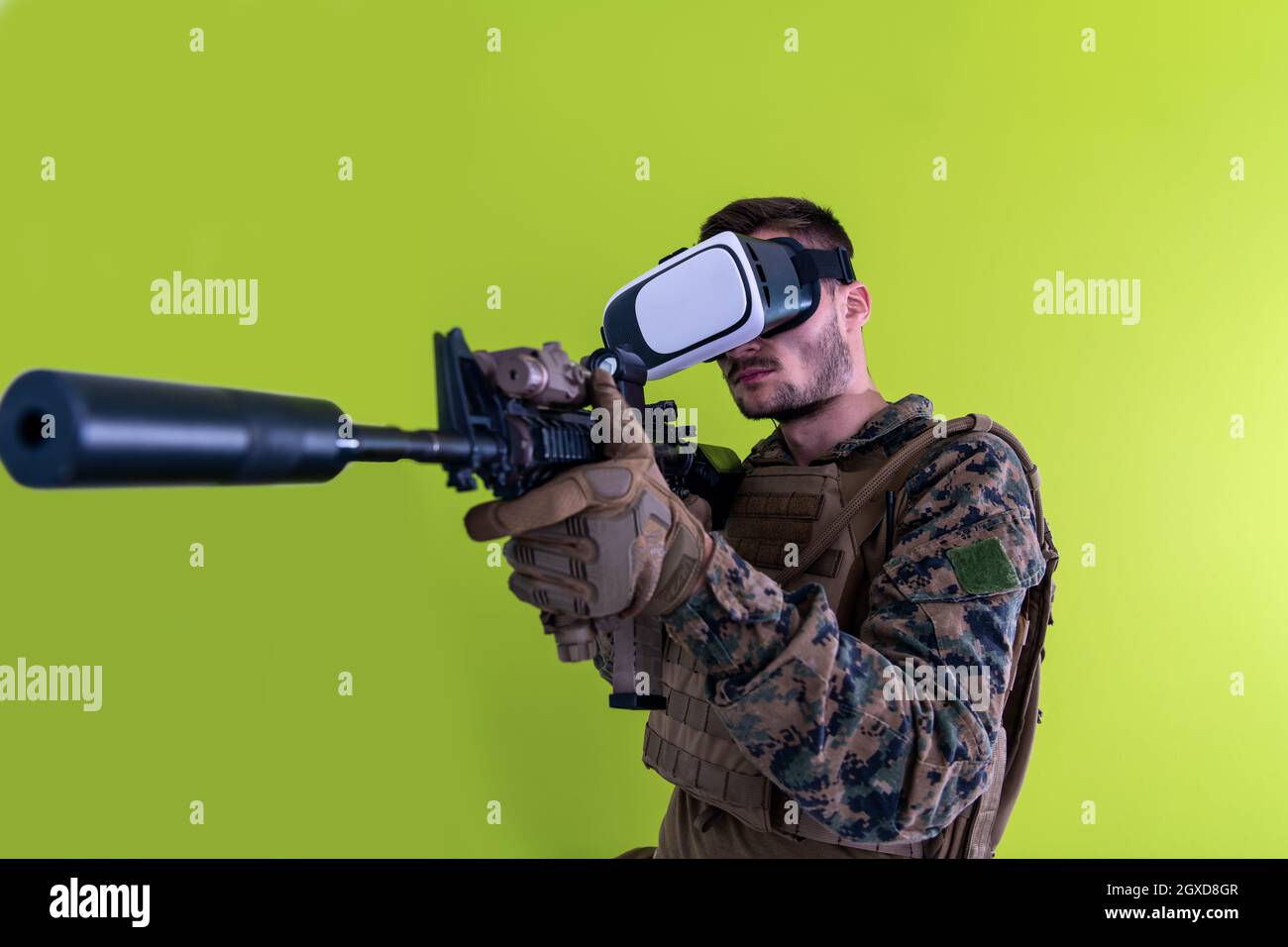 modern warfare futuristic soldier using vr virtual reality glasses for ...