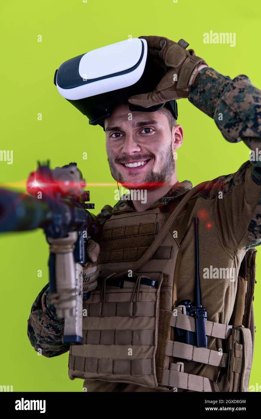 modern warfare futuristic soldier using vr virtual reality glasses for ...