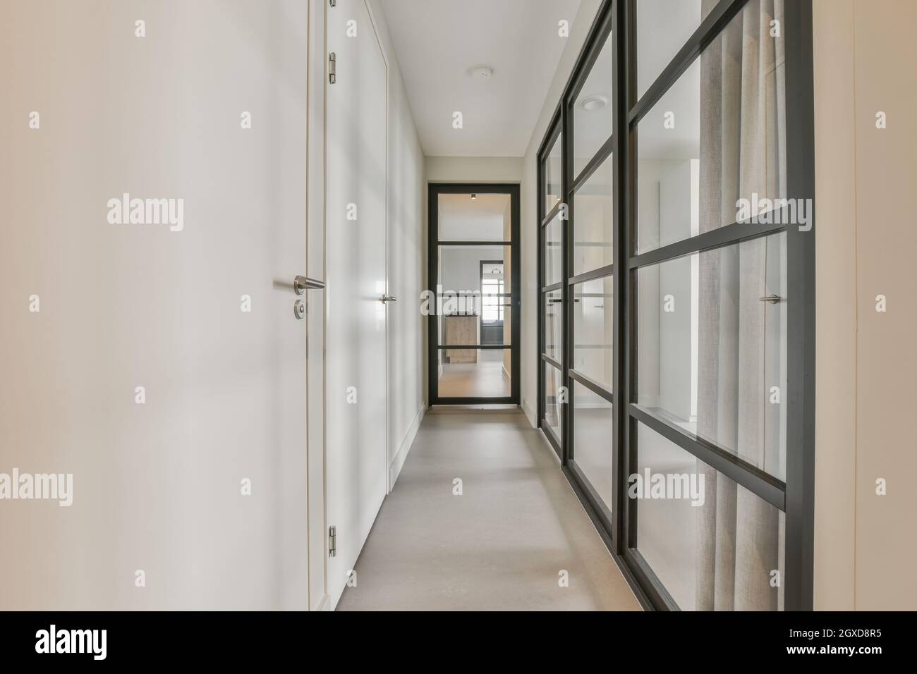Light corridor with glass doors and white walls in contemporary ...
