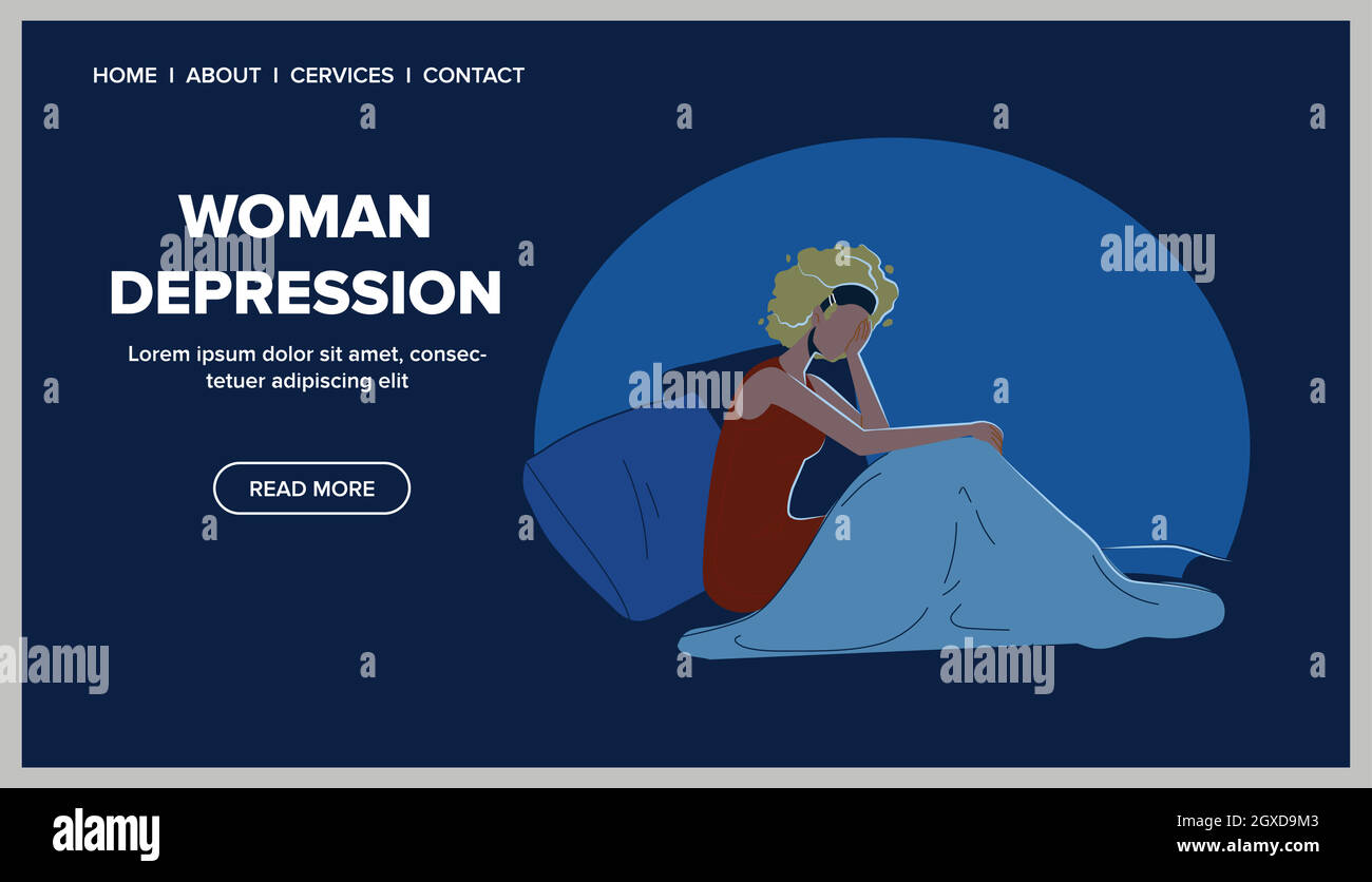 Woman Depression Sitting In Bed Night Time Vector Stock Vector Image ...