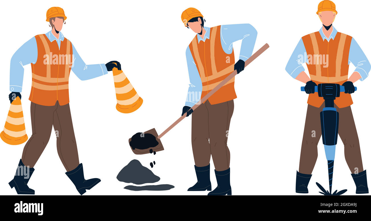 Road Worker Repairing Street Infrastructure Vector Illustration Stock ...