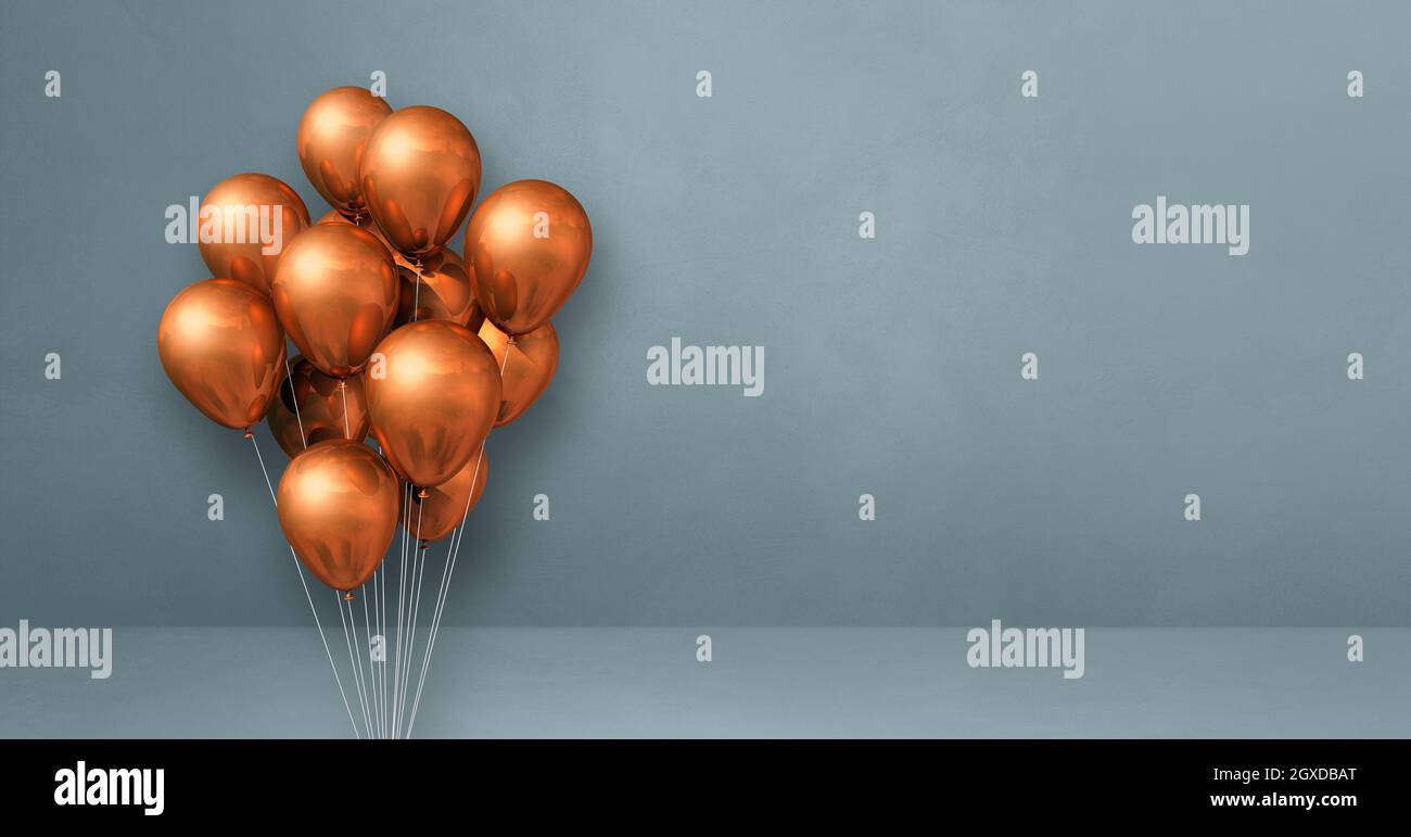 Copper balloons bunch on a grey wall background. Horizontal banner. 3D ...