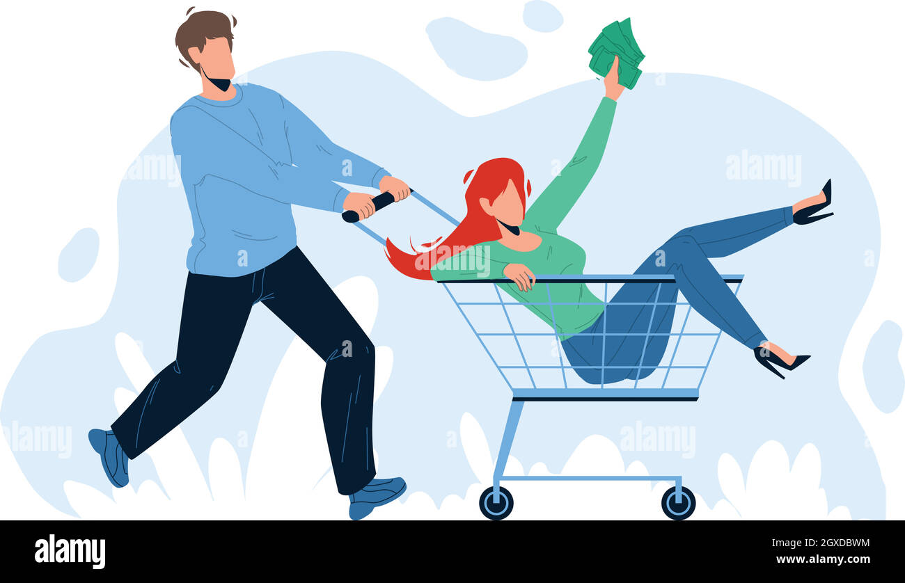 In Shopping Cart Transport Carry Boy Woman Vector Stock Vector Image ...