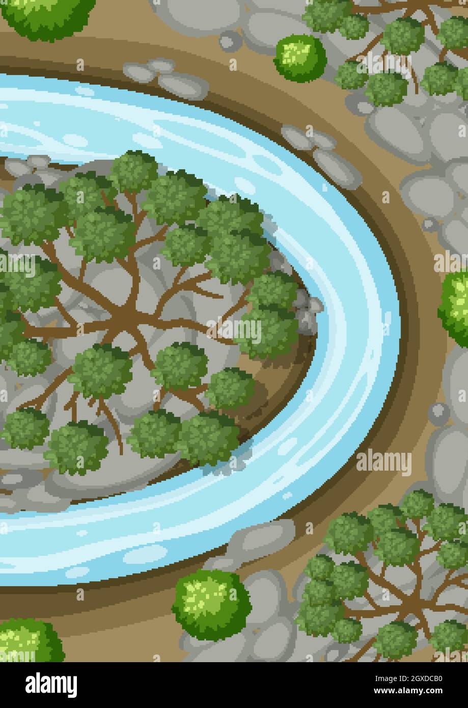Aerial view with river through the forest landscape illustration Stock ...