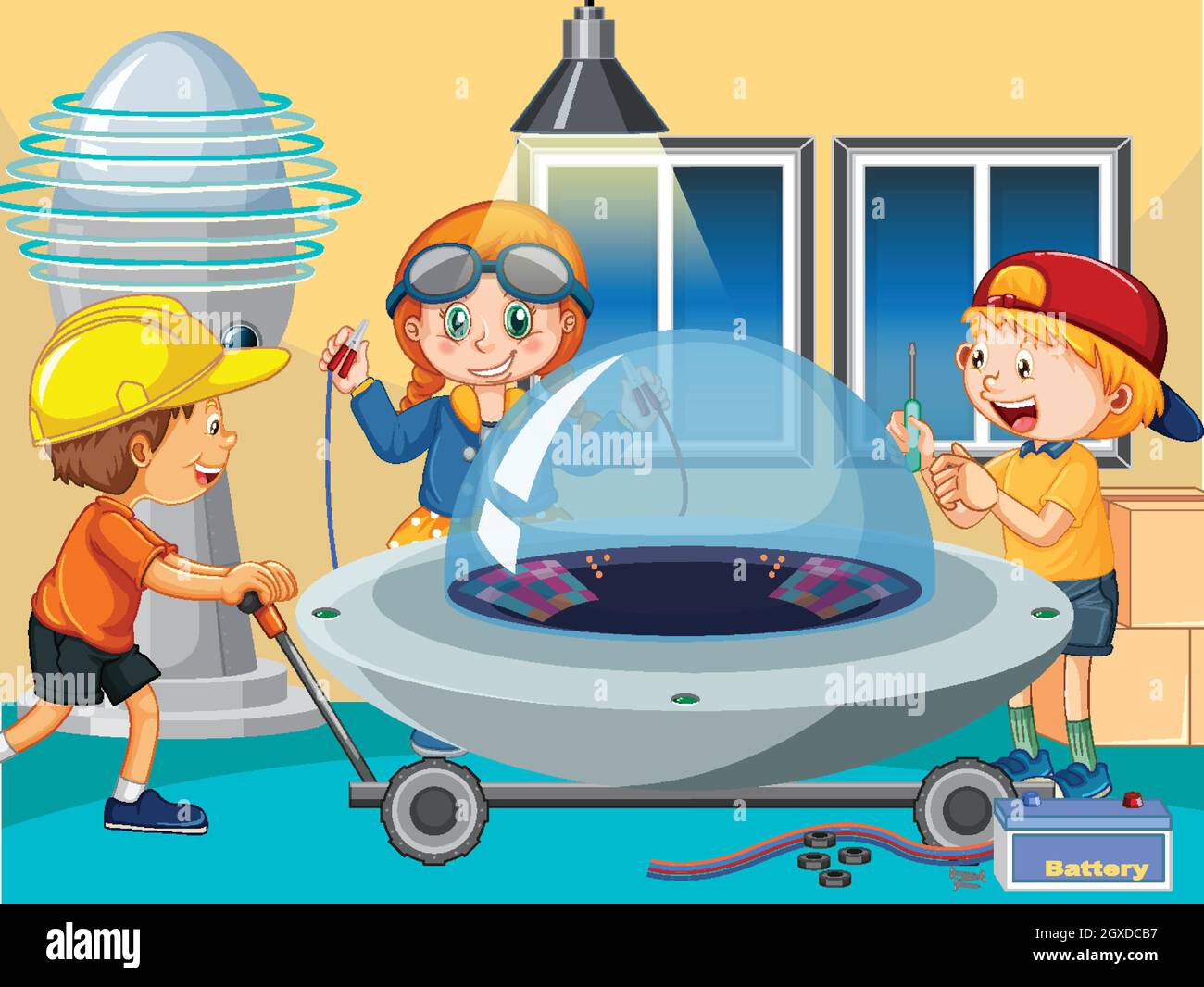 Scene with children repairing ufo together illustration Stock Vector ...