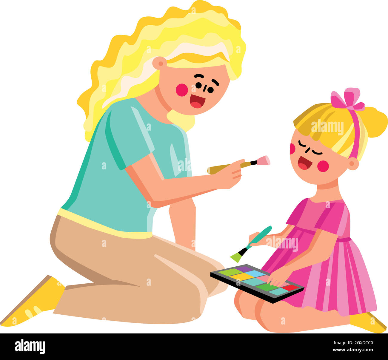 Mother Doing Beauty Make-up Little Daughter Vector Stock Vector Image ...