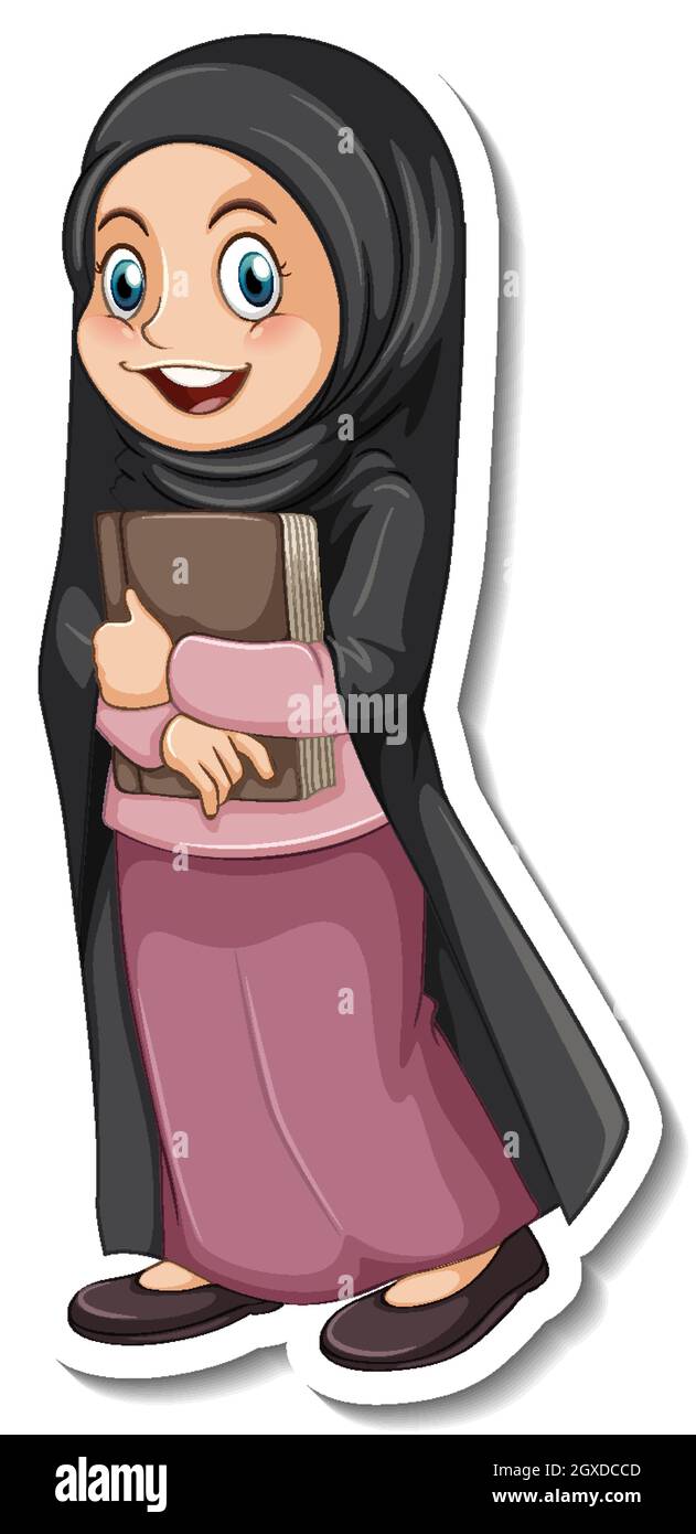 A sticker template with muslim woman cartoon character illustration ...