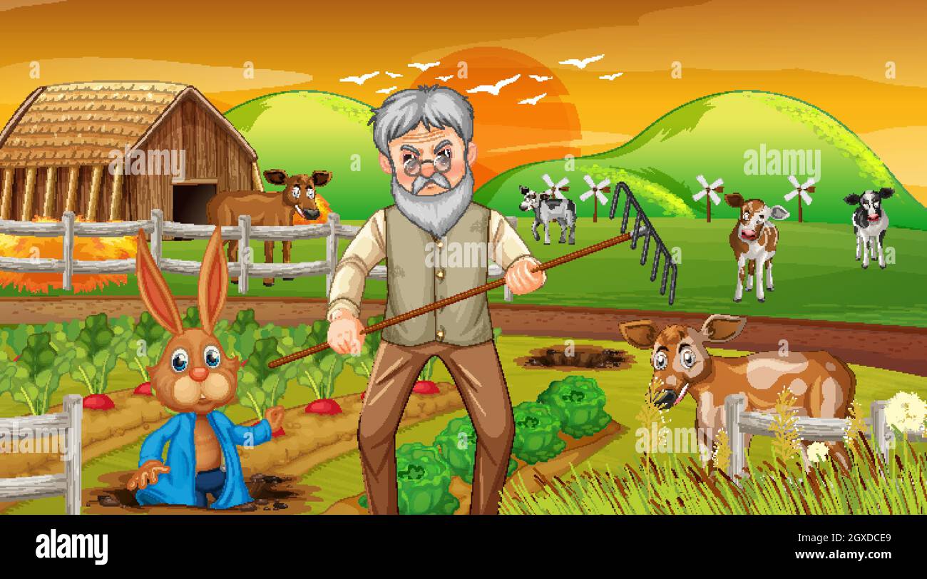 Farm at sunset time scene with old farmer man and farm animals ...
