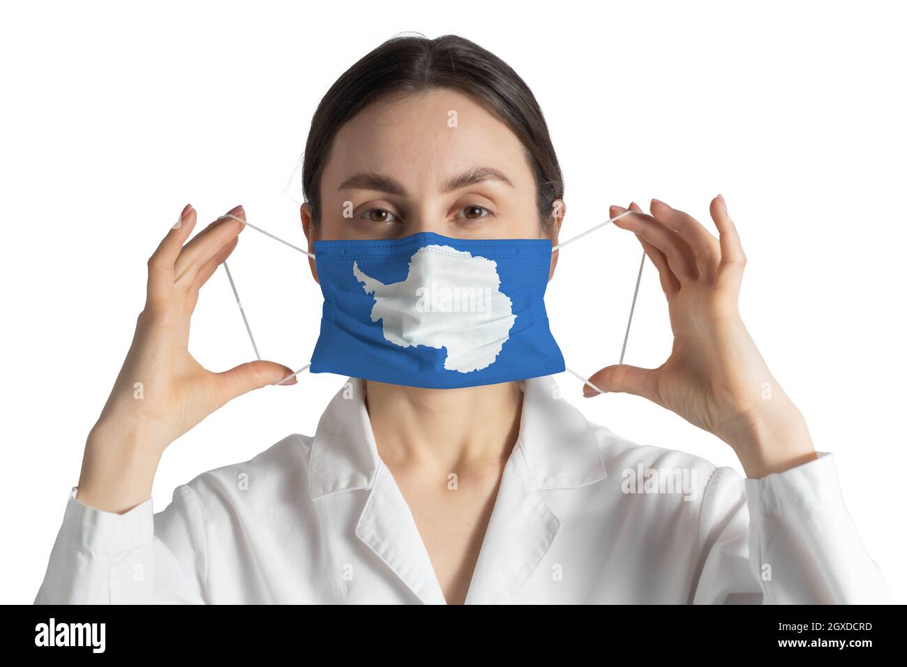 Respirator with flag of Antarctica Doctor puts on medical face mask ...