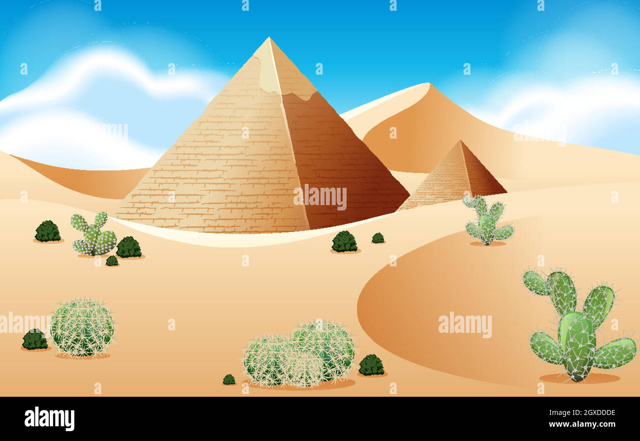 Desert with pyramid and cactus landscape at day scene Stock Vector ...