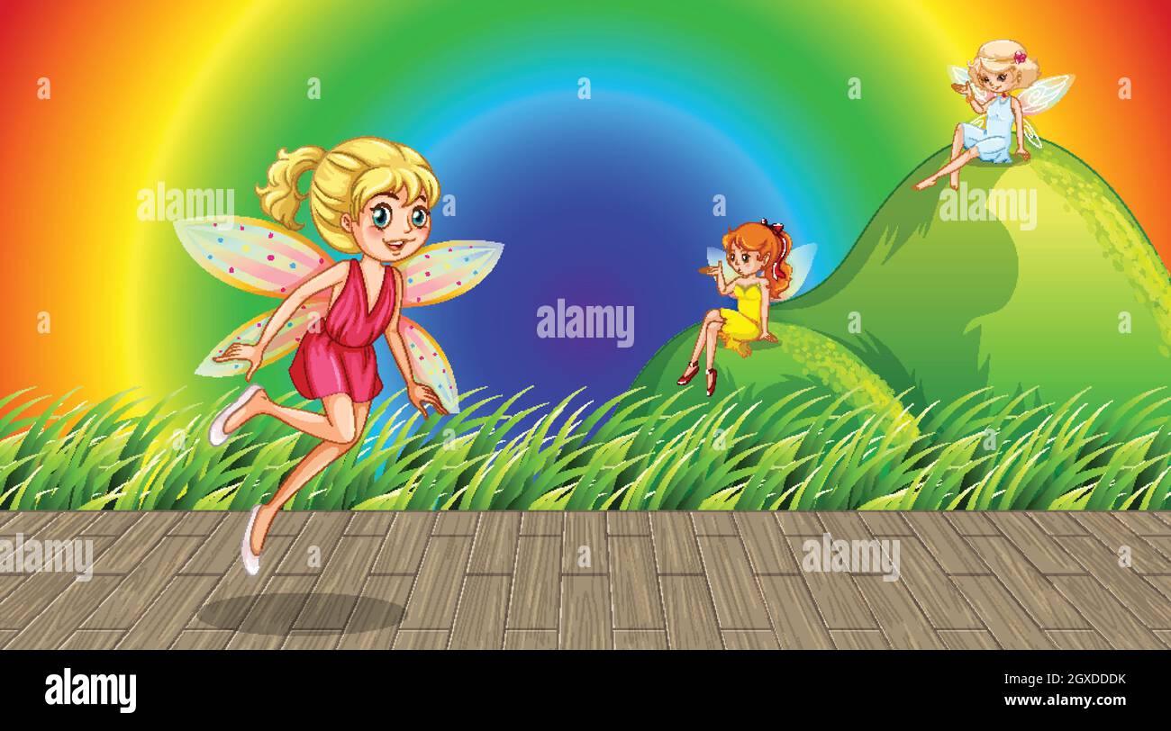 Fairies cartoon character on rainbow gradient background illustration ...