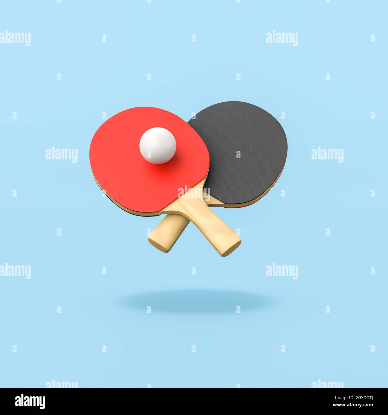 Two Ping-Pong Bats and One Ball Isolated on Flat Blue Background with ...