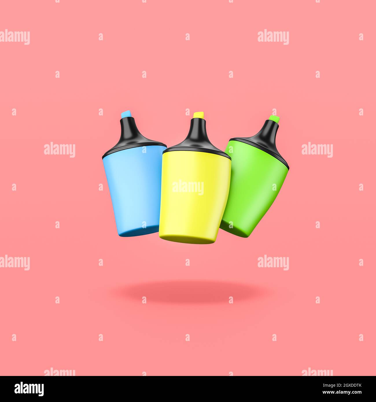 Three Cartoon Colorful Highlighters Isolated on Flat Red Background ...