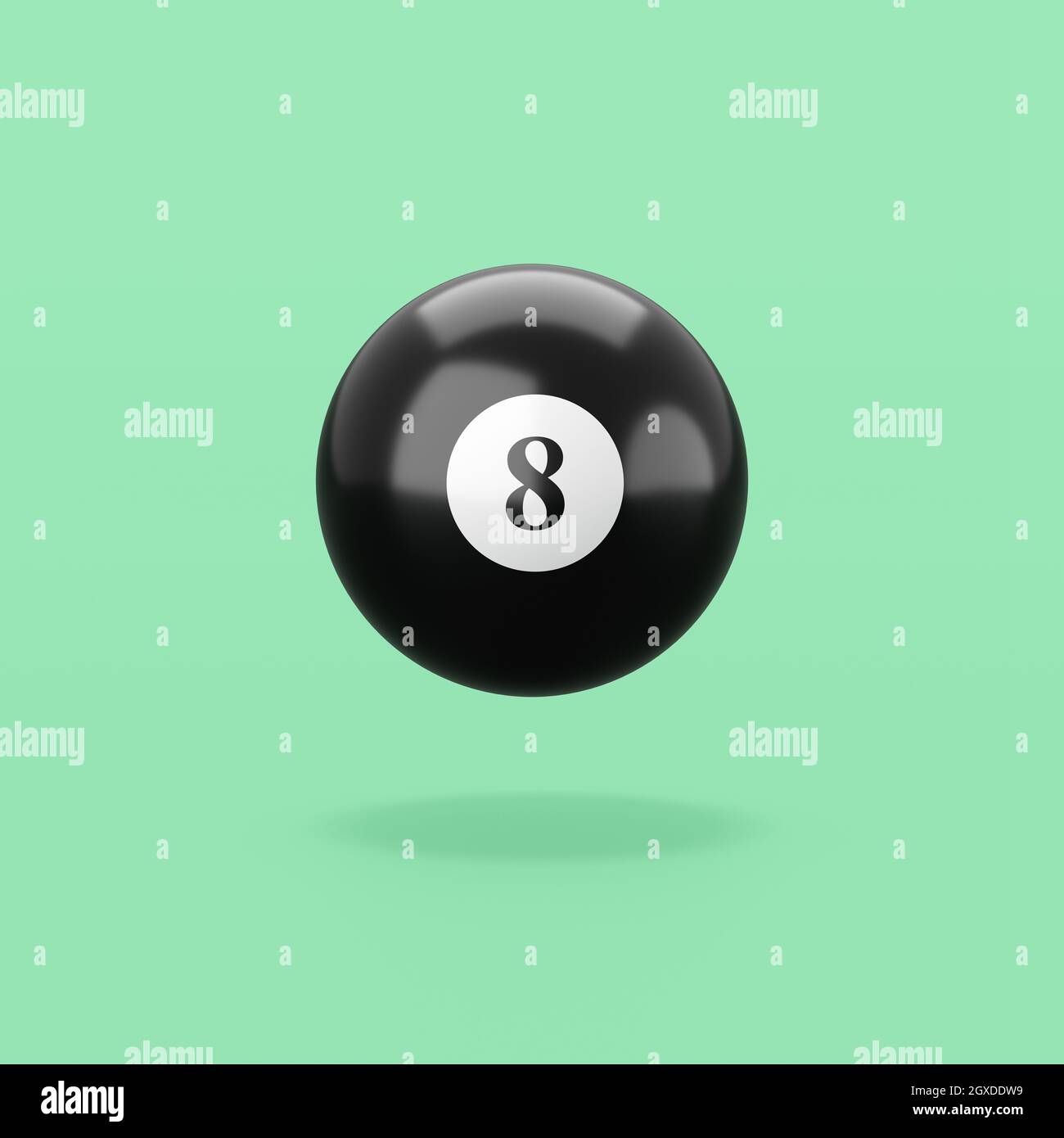 Black Pool Ball Number 8 Isolated on Flat Blue Green Background with ...
